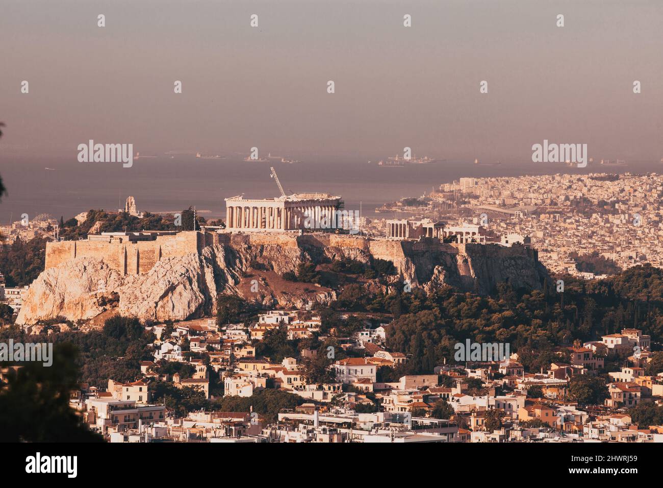 cityscape of Athens in early morning with the Acropolis seen from Lycabettus Hill, the highest ...