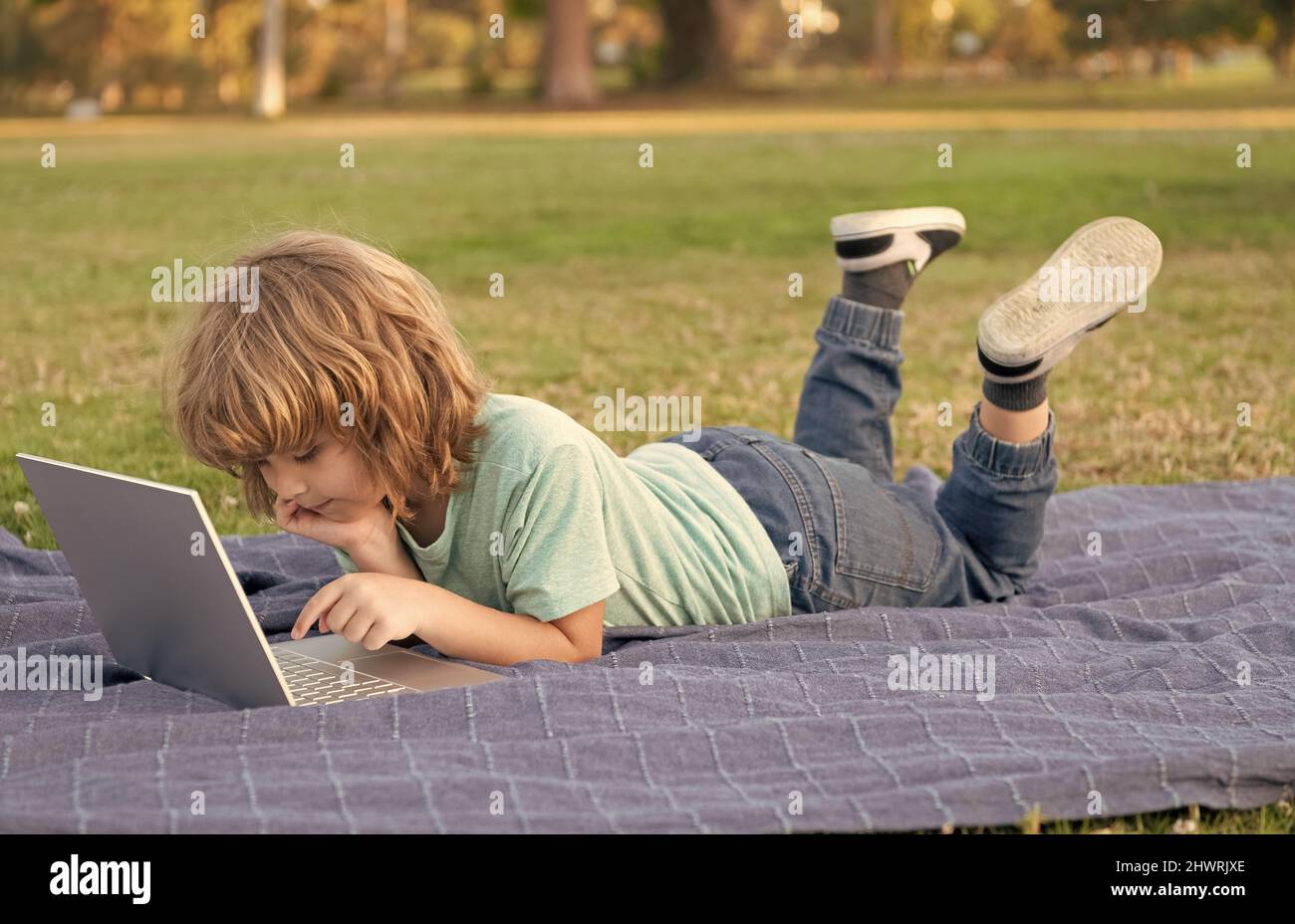 small child use modern wireless laptop on park grass, back to school ...