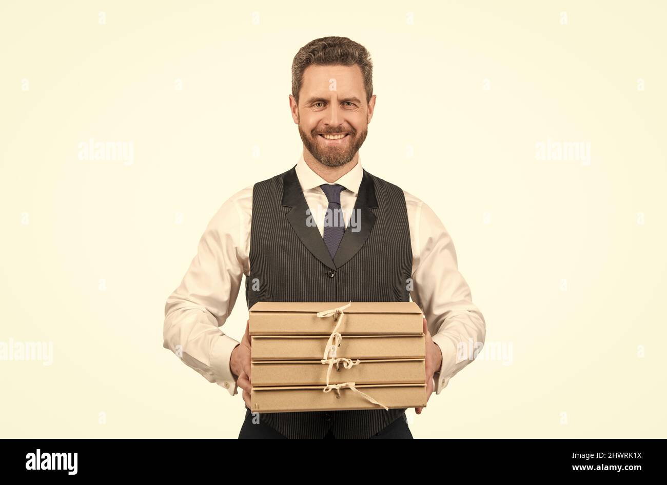 happy manager hold heap of folders isolated on white, management Stock ...