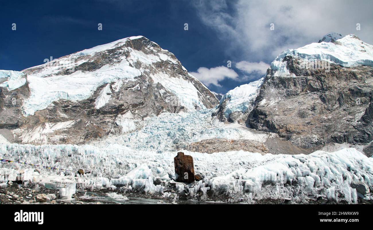 view from Everest base camp to west rock face of Nuptse peak and Khumbu ...