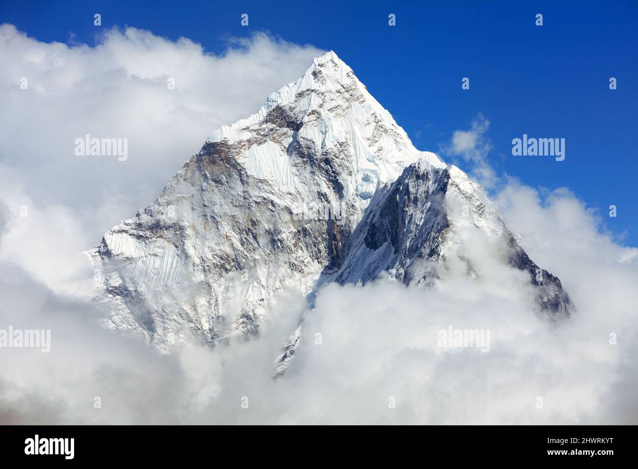 Mount Ama Dablam within clouds, way to Everest base camp, Khumbu valley ...