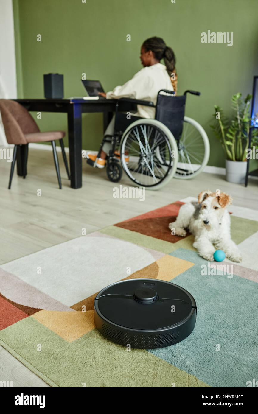 Vertical of young African American woman using wheelchair while working ...