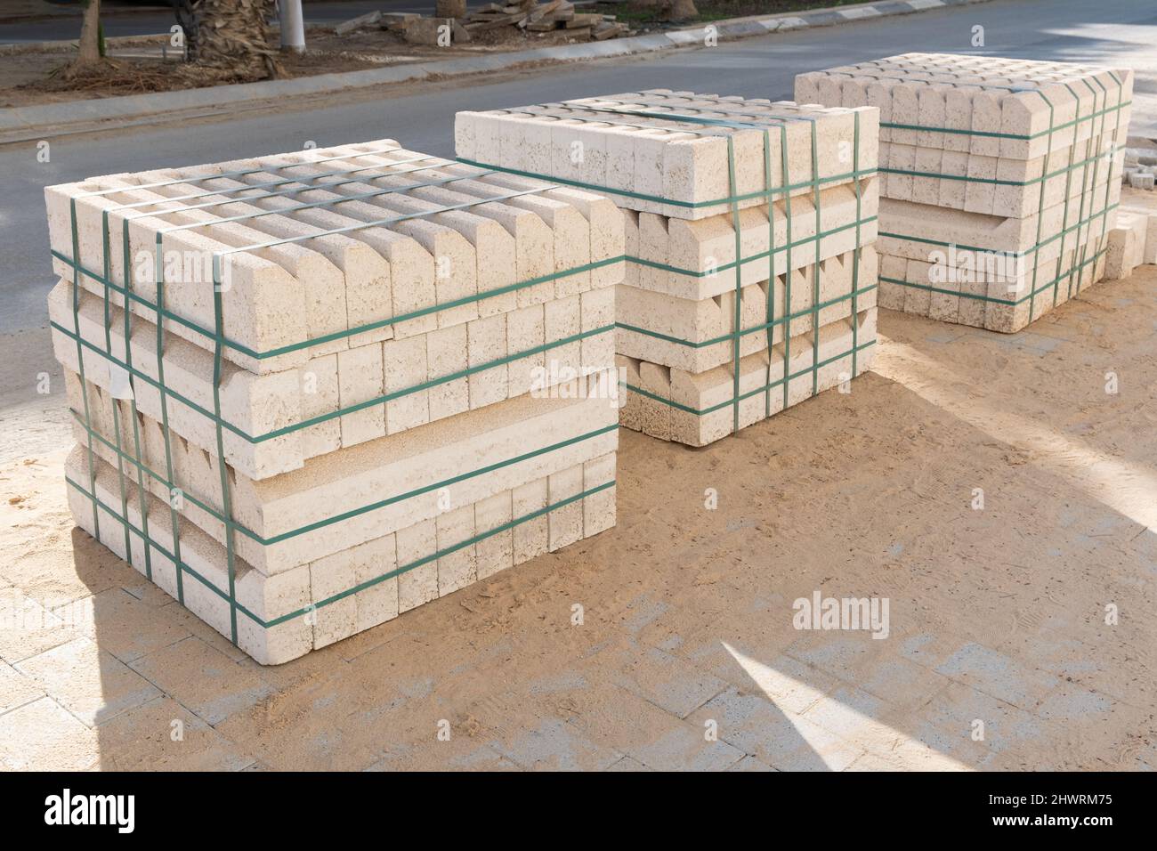 Curb stone on construction site. Prepared Pallet With A Stack Of ...