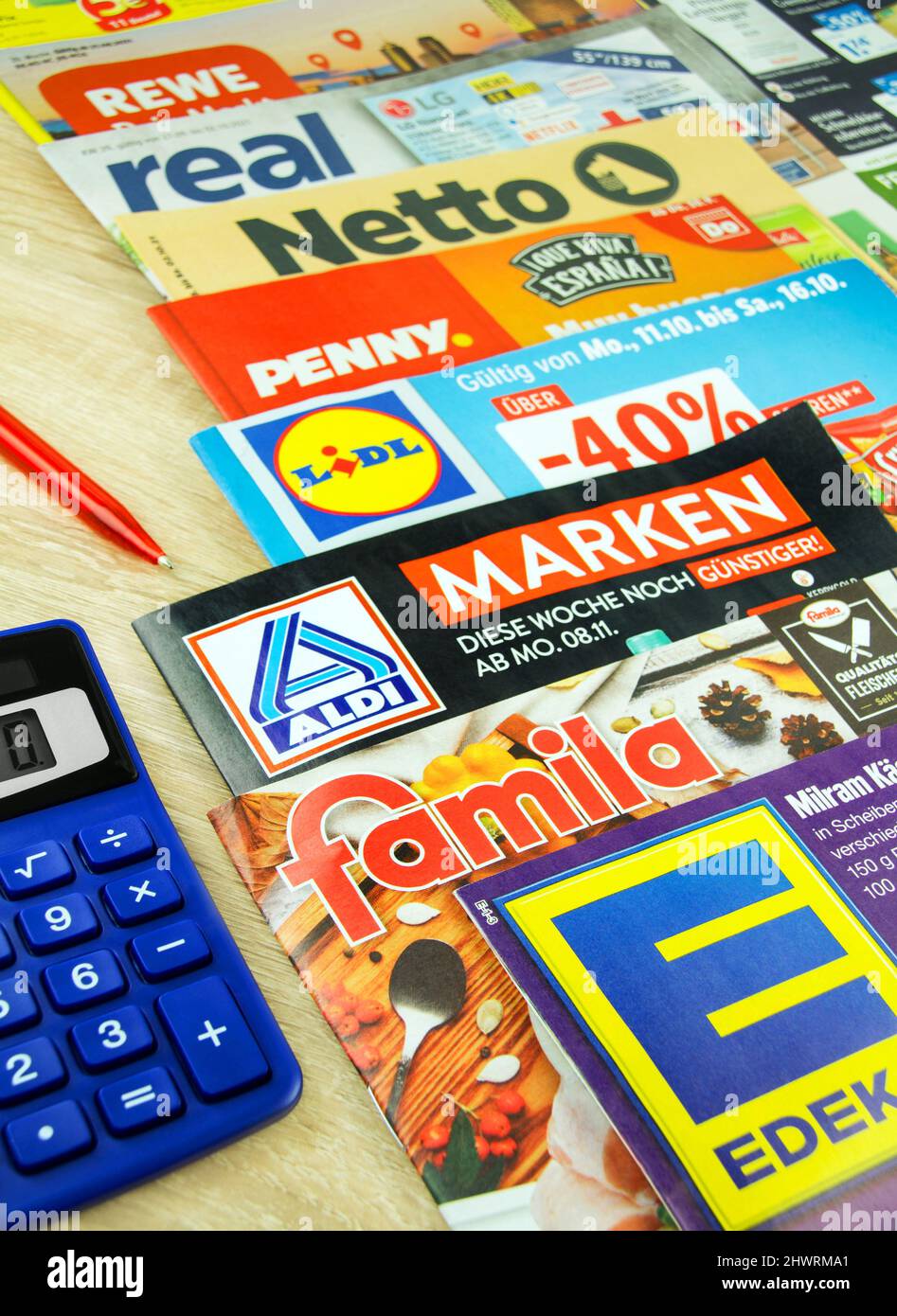 Hamburg, Germany - March 6 2022: German food brochures Aldi, Lidl, Penny, Famila, Edeka, Real ...