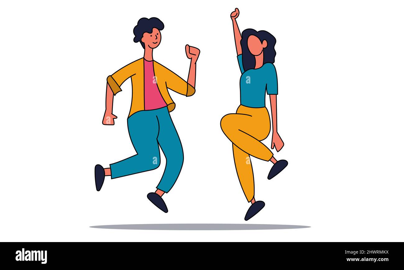 Woman and man happy jump and fun celebration. Happiness group friend ...