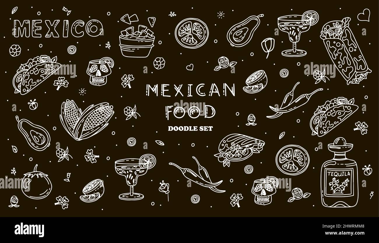 Mexican cuisine, vector doodle food set. National spicy food, fast food ... Mexican cuisine, vector doodle food set. National spicy food, fast food ...