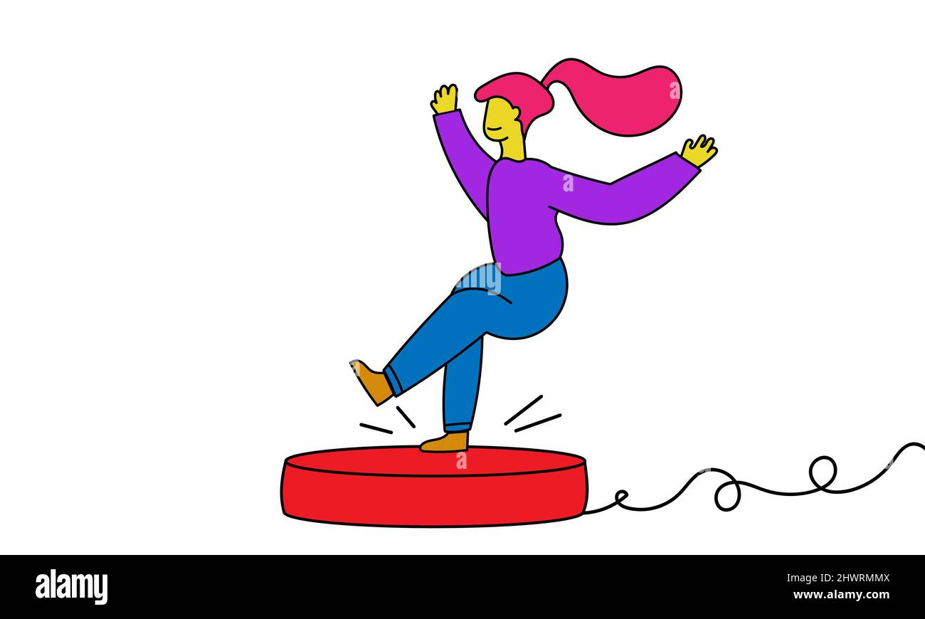 Happy woman jumping on button. Female person jump and fun. Success ...
