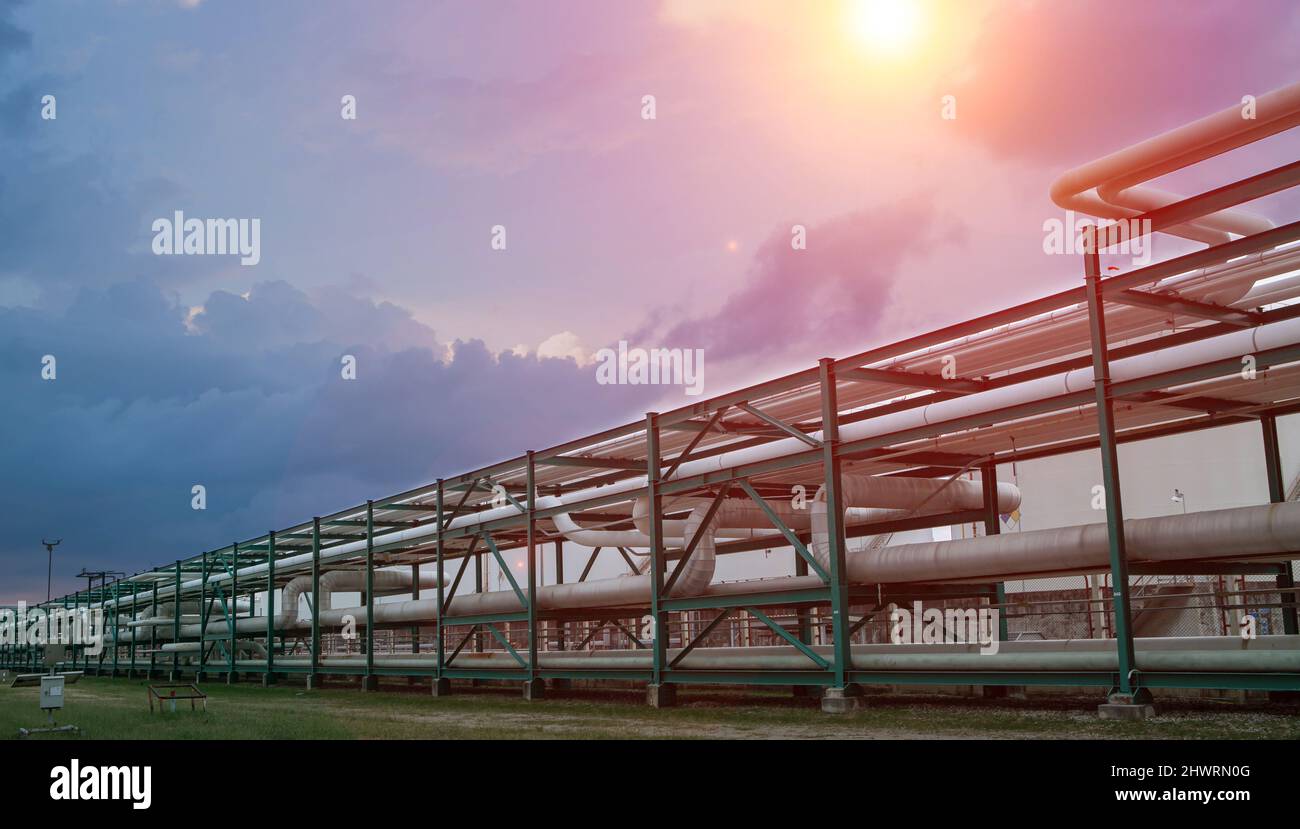 Background of petrochemical pipeline on pipe rack at industrial zone ...