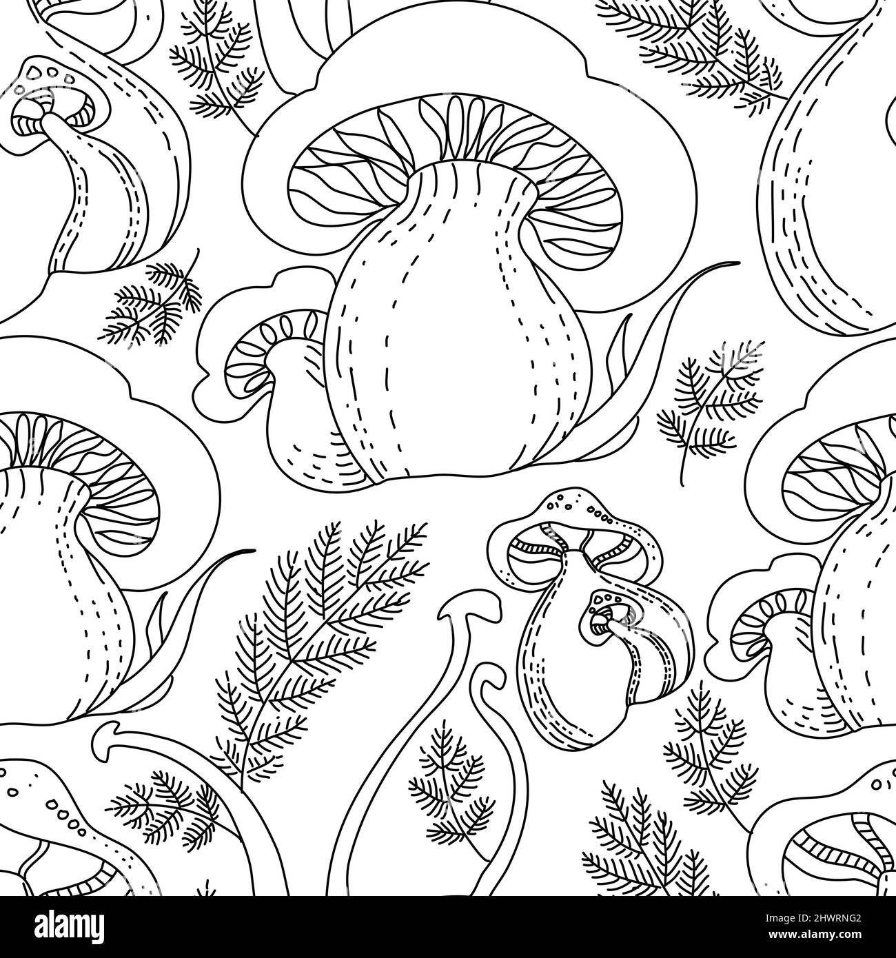 Freehand drawn line magic mushrooms seamless pattern Stock Vector Image ...