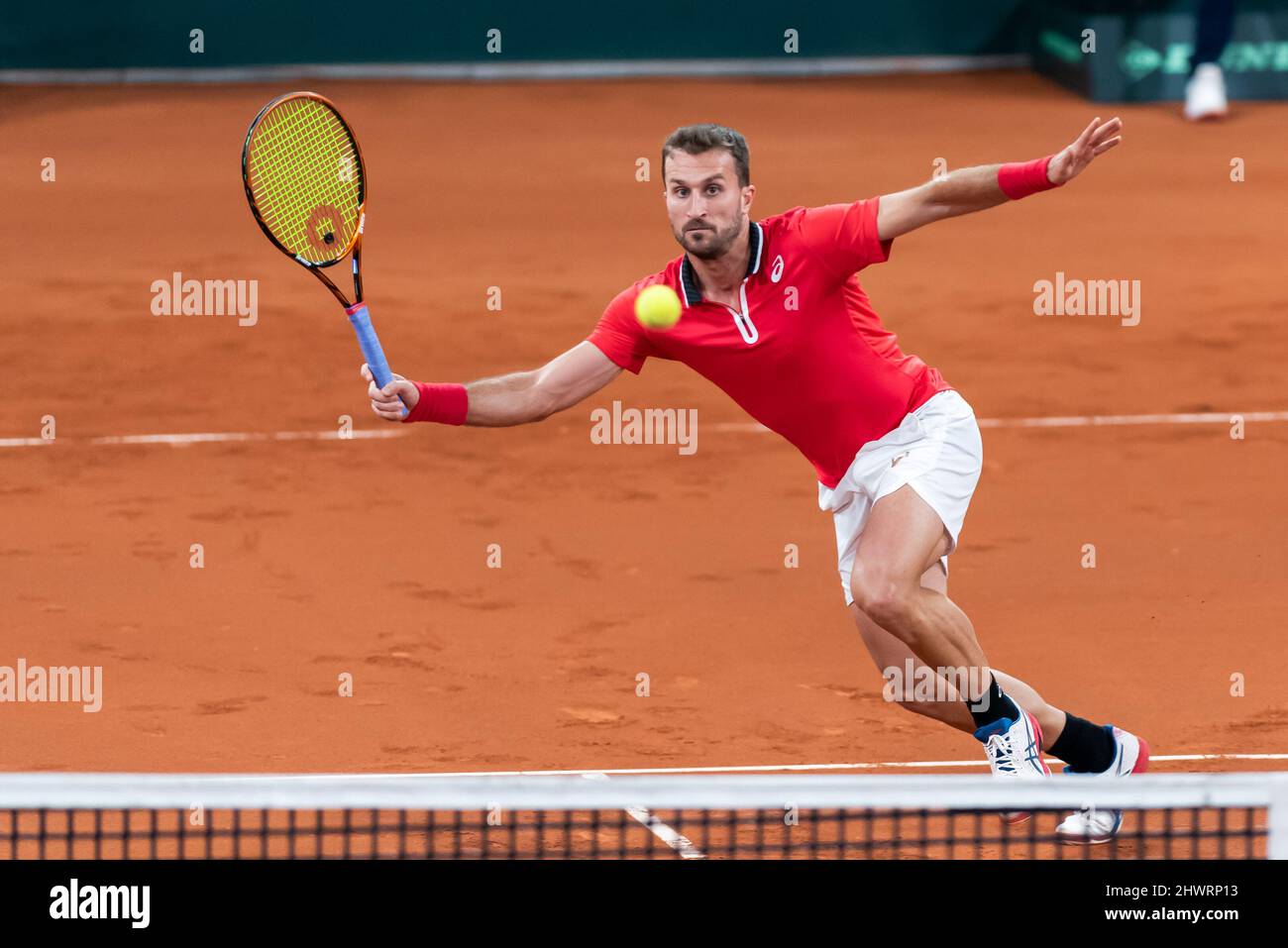 DEN HAAG, NETHERLANDS - MARCH 5: Steven Diez of Canada plays a forehand ...