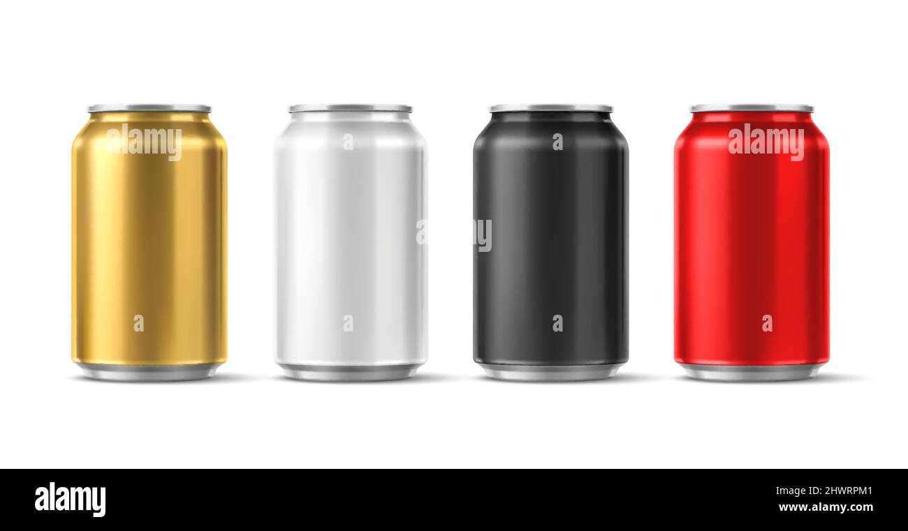 Color tin drink cans. Realistic metal isolated beverage containers ...