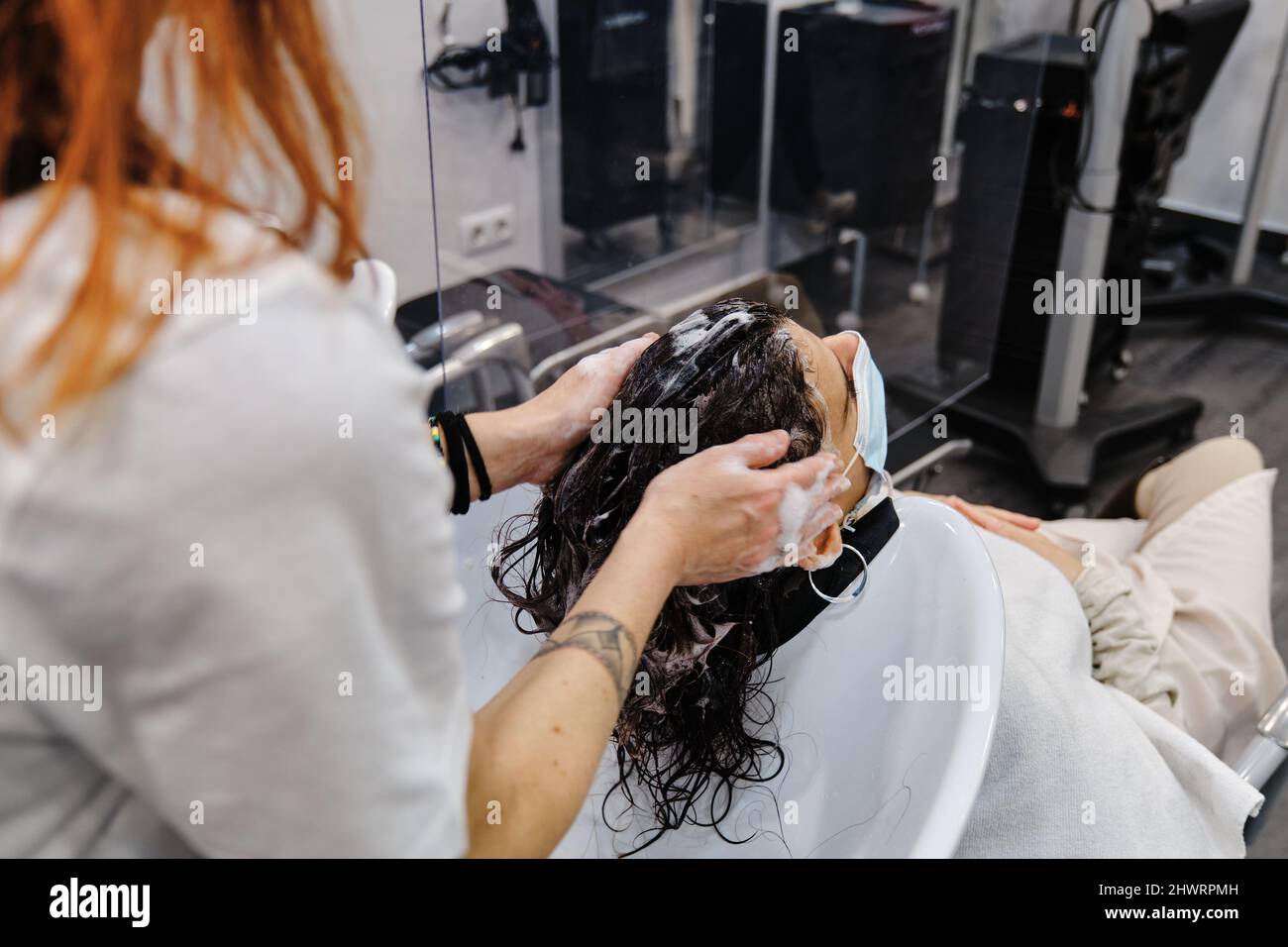 Professional hairdresser washing the hair of a female client while ...