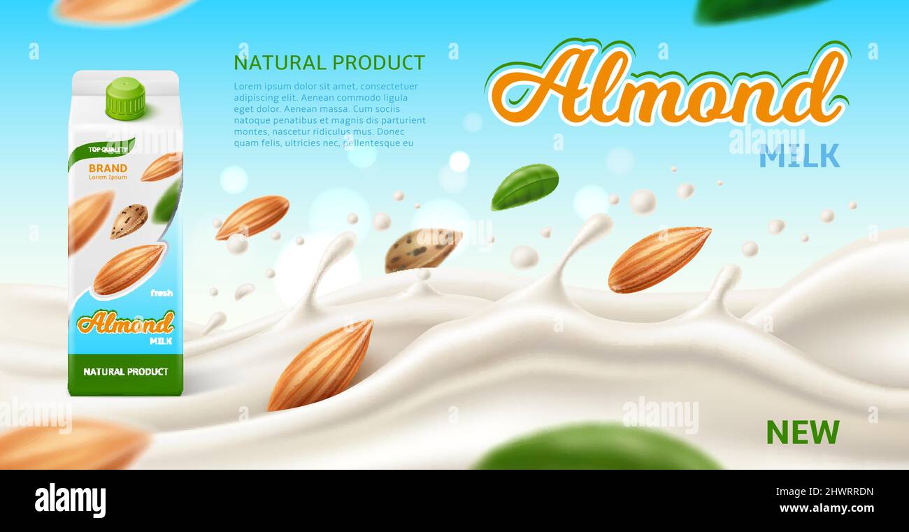 Realistic almond milk. Organic milkshake. Nuts beverage advertising ...