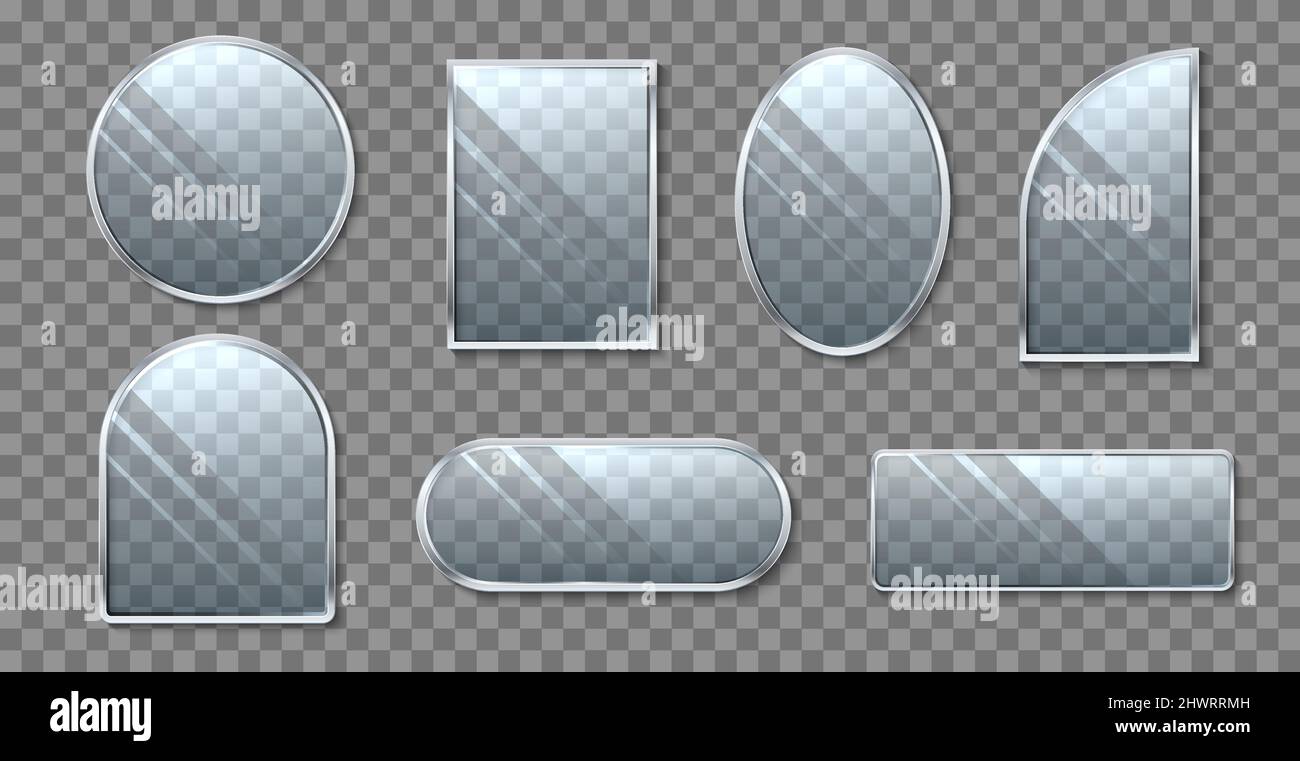 Realistic framed glass banners. Transparent different shapes surfaces ...
