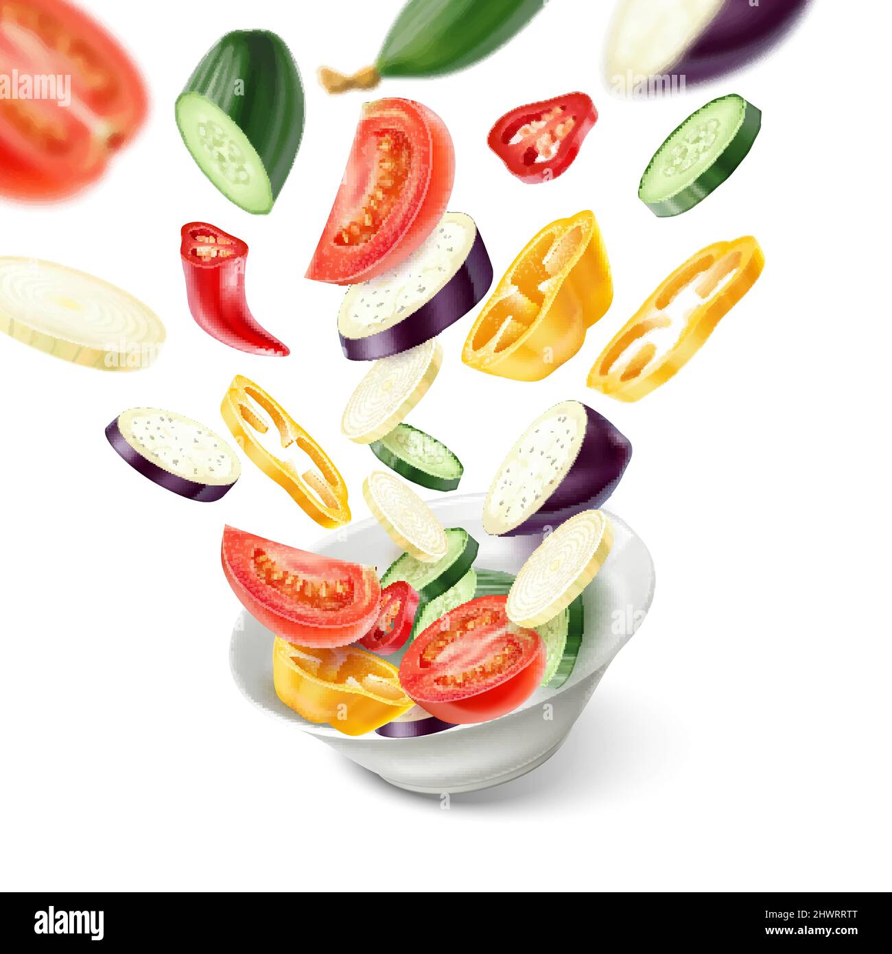 Realistic vegetables flying salad. 3D sliced products falling in plate ...