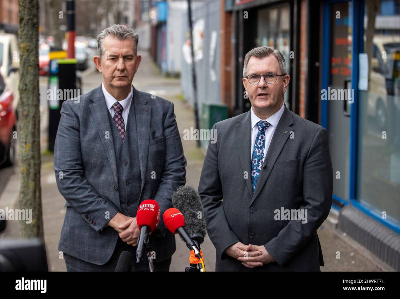 DUP leader Sir Jeffrey Donaldson (right) with his party colleague Edwin ...