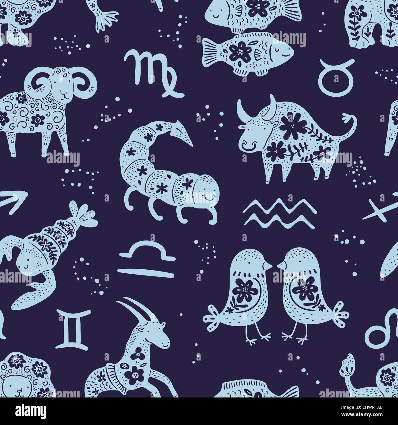 Zodiac signs seamless pattern. Blue print with star constellations ...