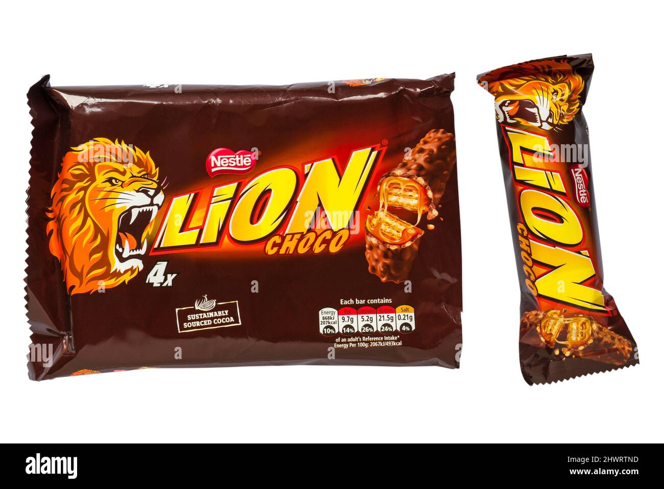 Pack of Nestle Lion choco chocolate bars with one removed set on white ...