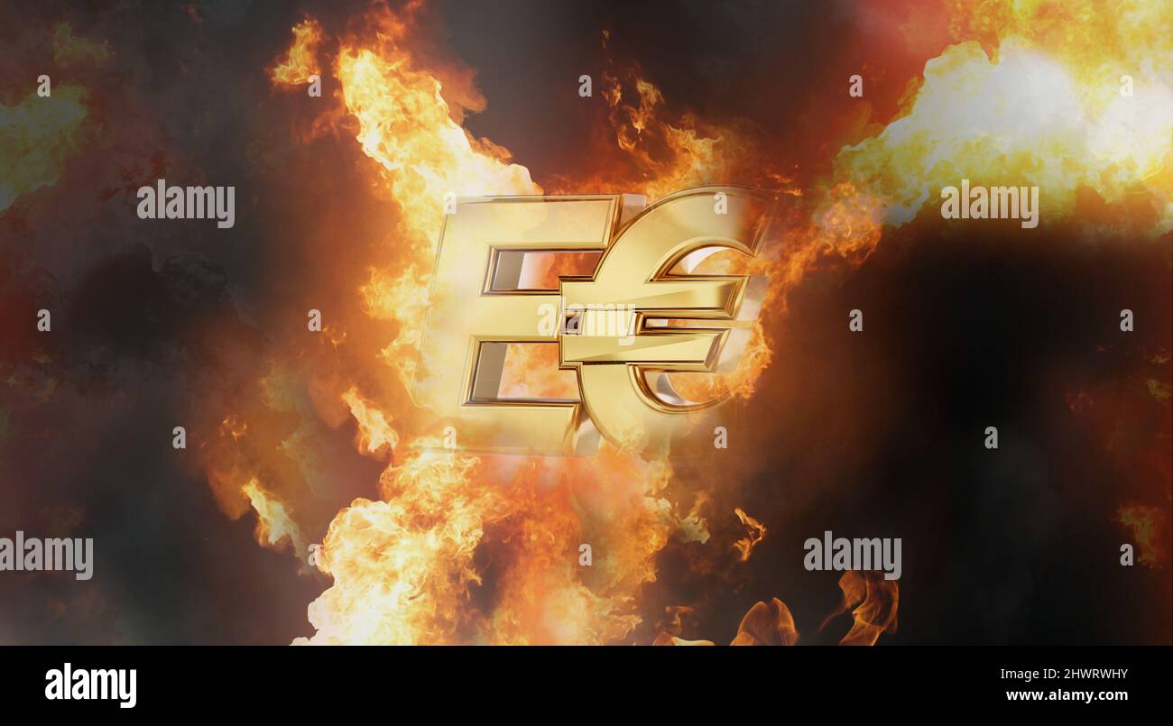 digital e-euro with fire and flames 3d-illustration Stock Photo - Alamy