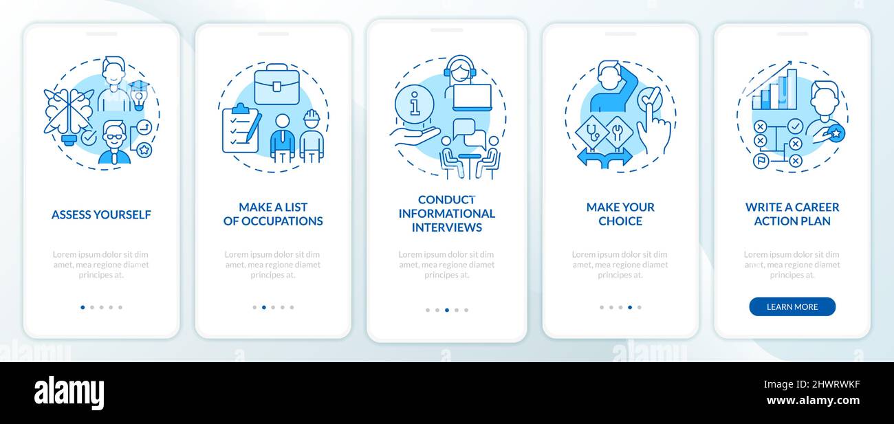 Steps to select career path blue onboarding mobile app screen Stock ...