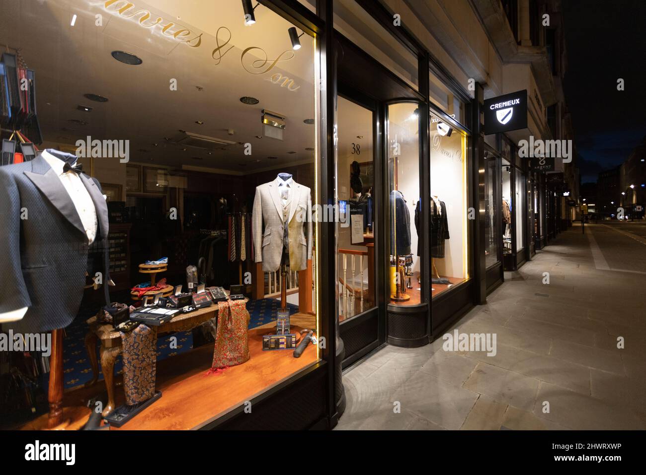 Savile Row at nighttime in Mayfair, central London, known for ...