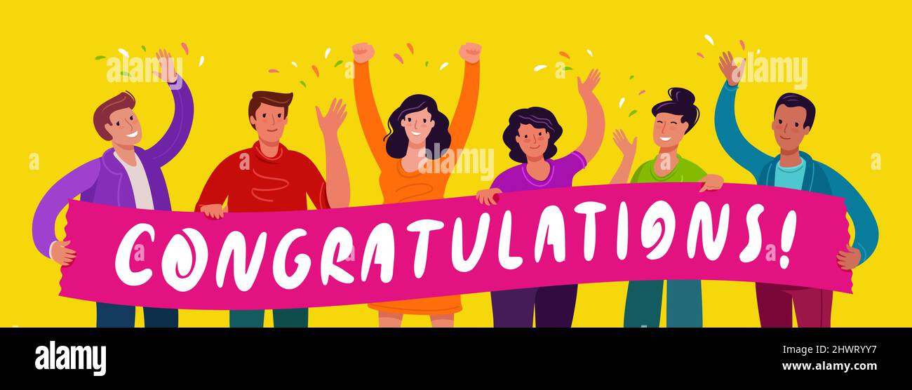 Happy young people stand with CONGRATULATIONS banner. Cheerful laugh of ...