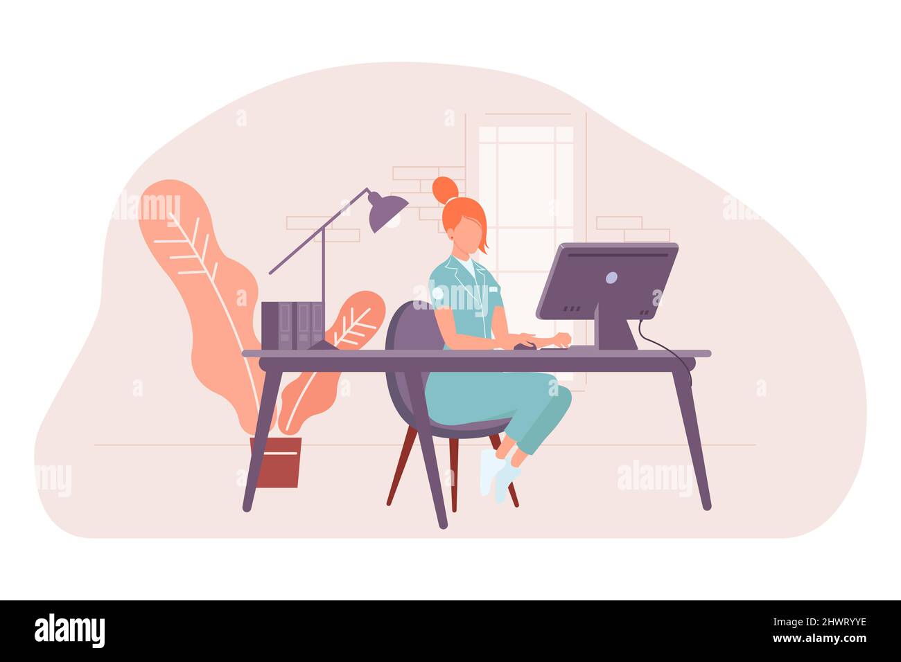 Nurse or Doctor at desk in front of computer doing online consultation ...