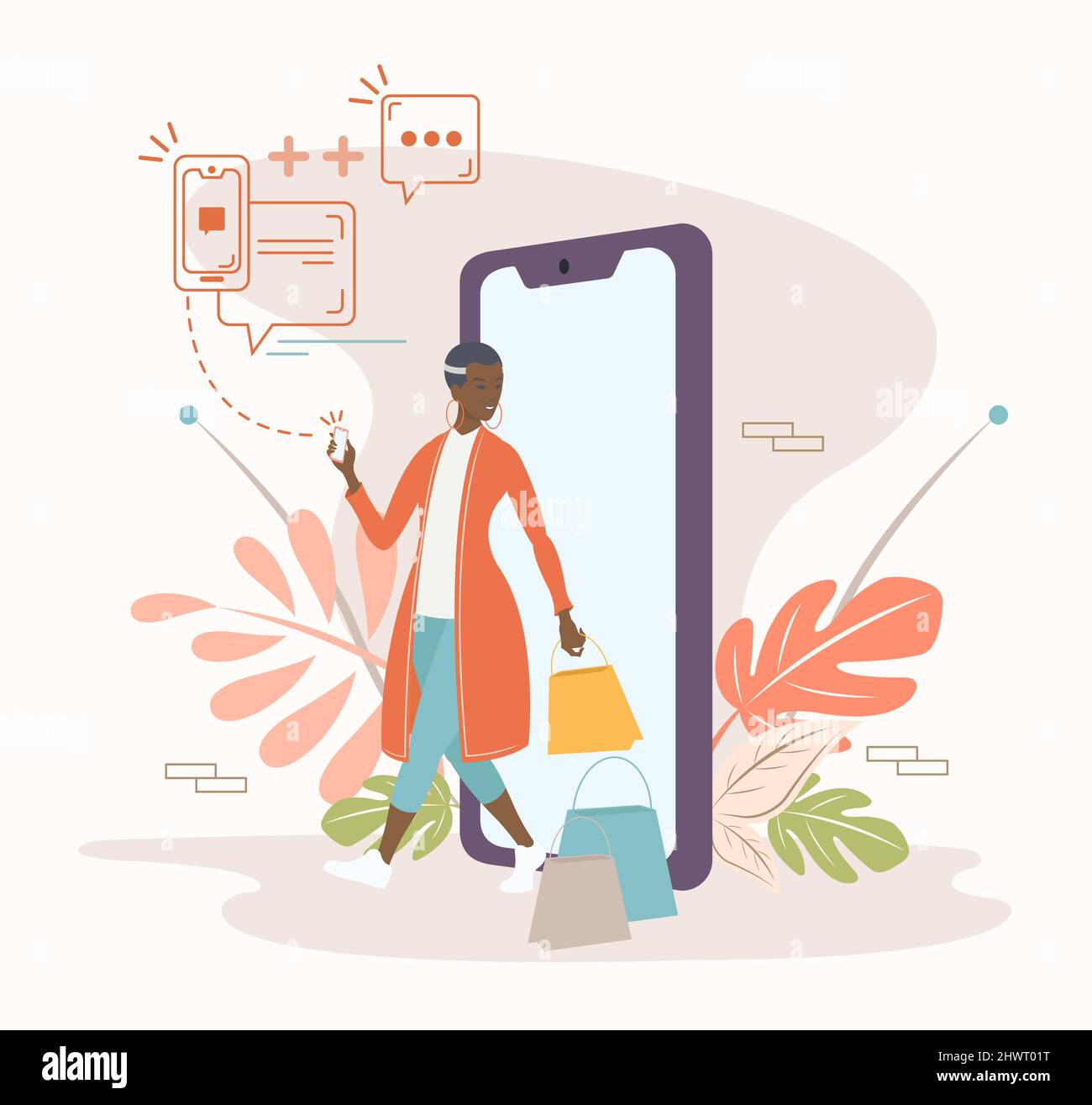 Woman going out with shopping bags from her smartphone, online shopping ...