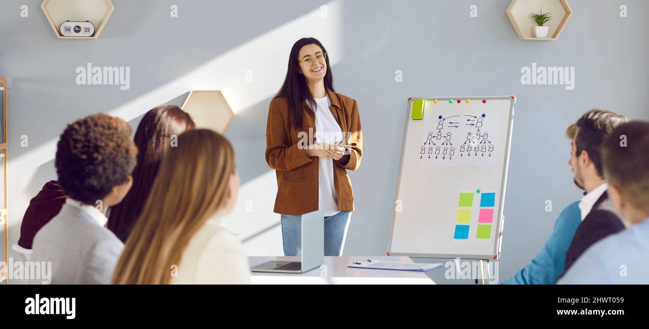Happy woman making presentation on corporate management during business ...