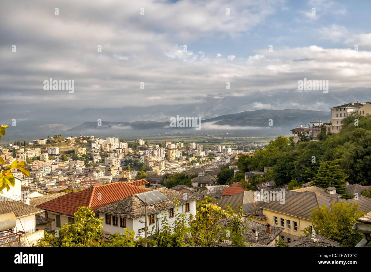 Castle of Gjirokastra and Old town of Gjirokaster at sunrise in ...