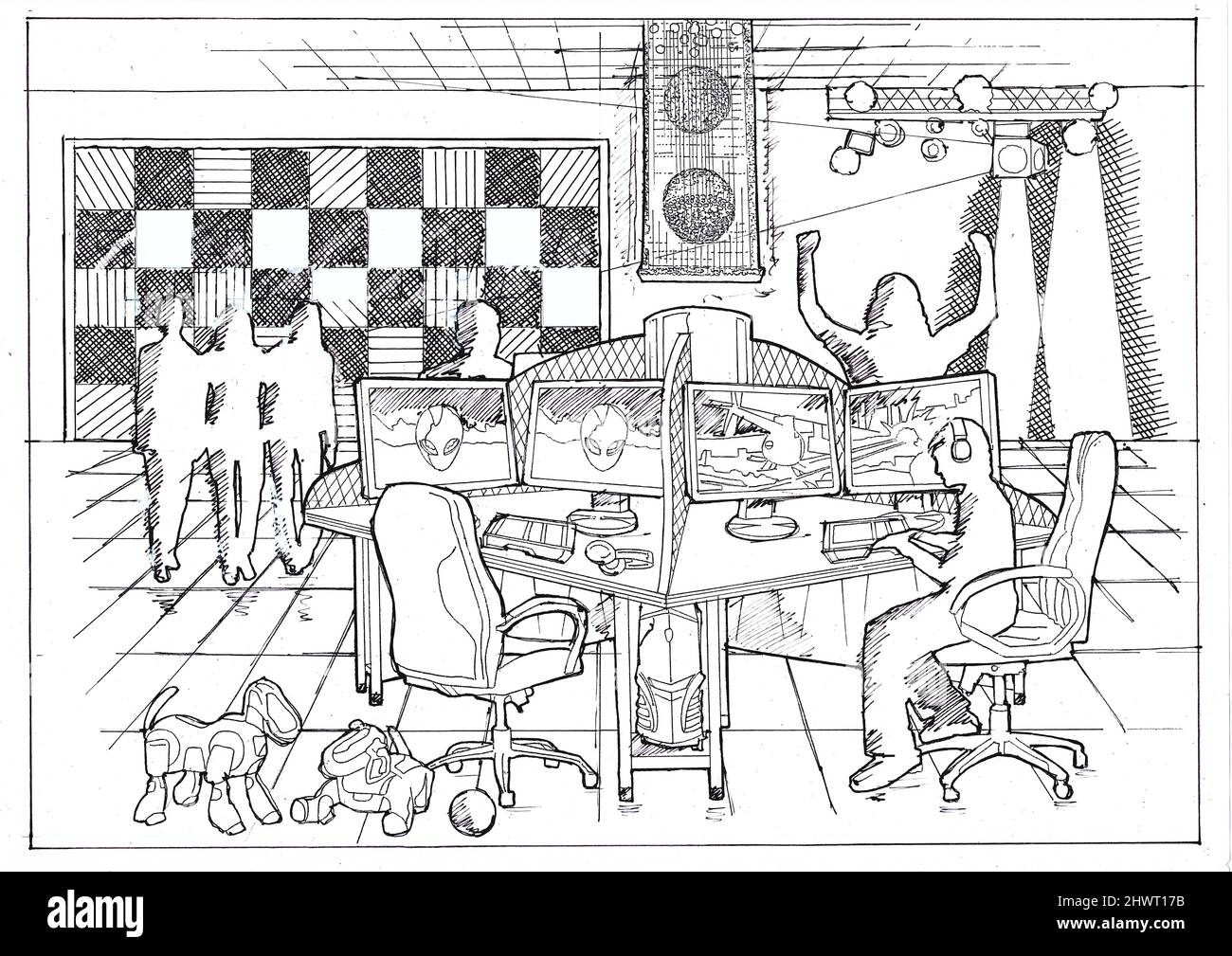 Sketch of a computer gaming zone Stock Photo - Alamy