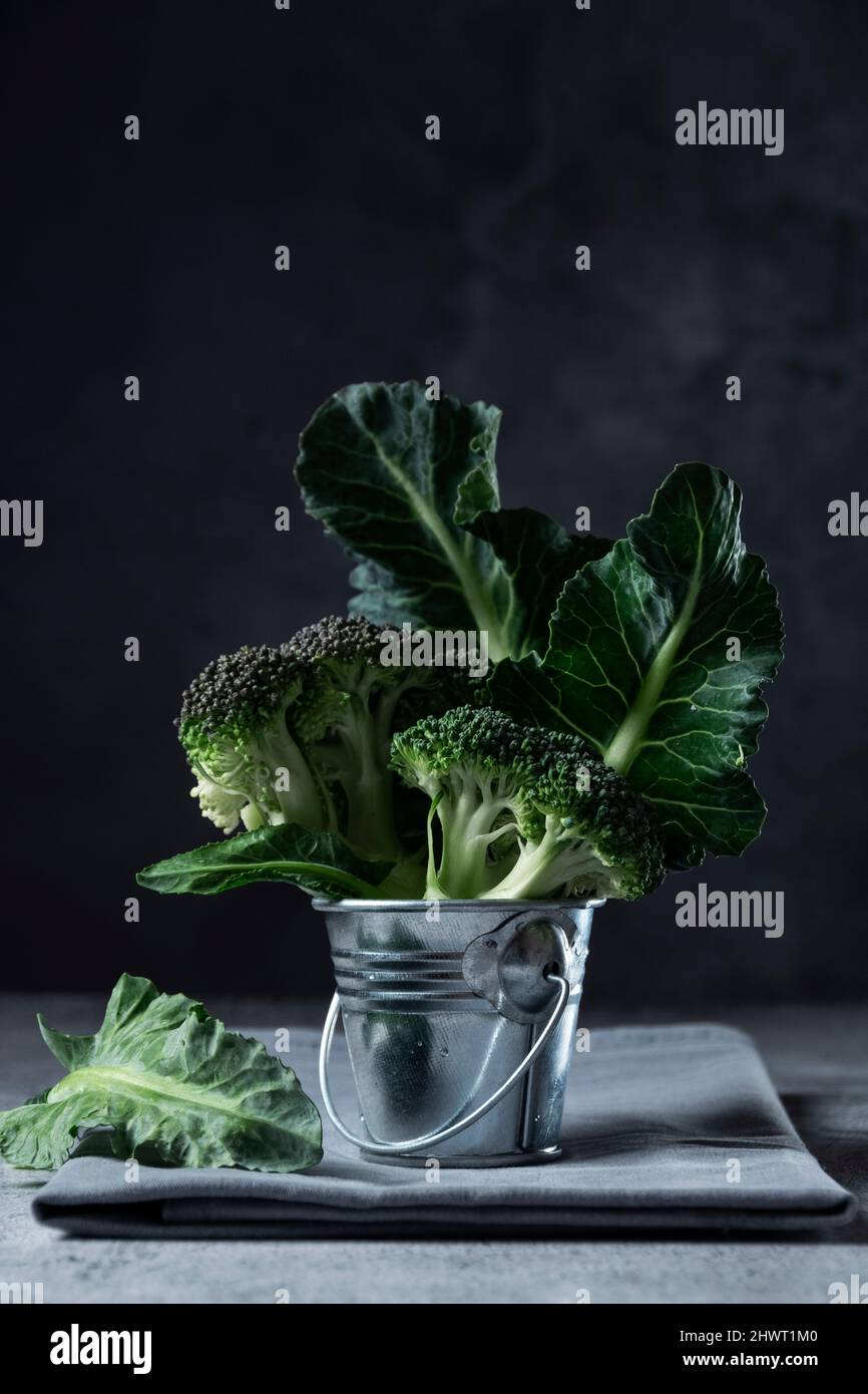 Fresh raw broccoli in bucket. Dark mood, moon light food style. Space ...