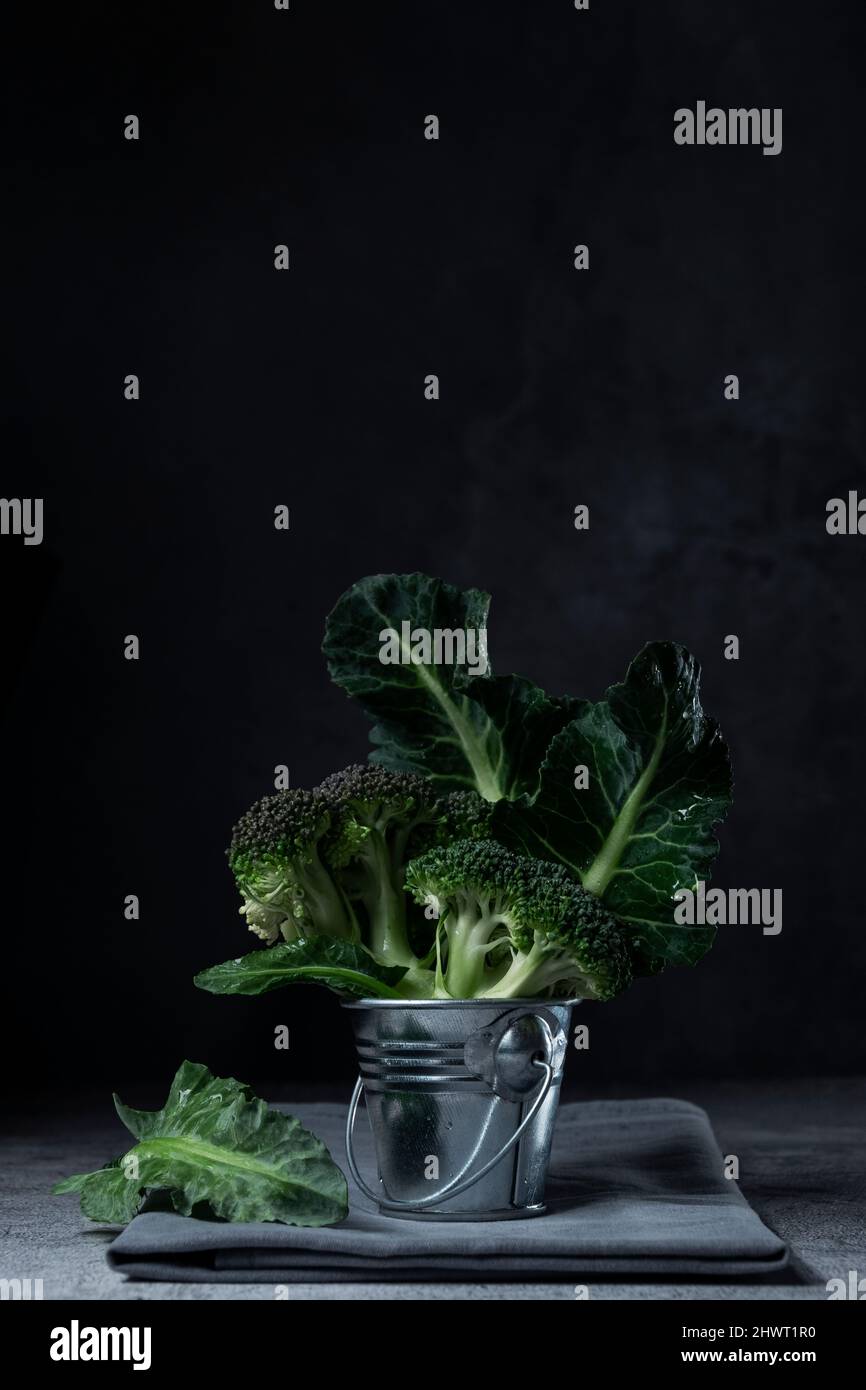Fresh raw broccoli in bucket. Dark mood, moon light food style. Space ...