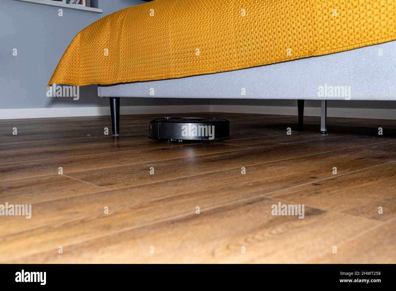 A modern robotic vacuum cleaner cleans the vinyl panels under the bed ...