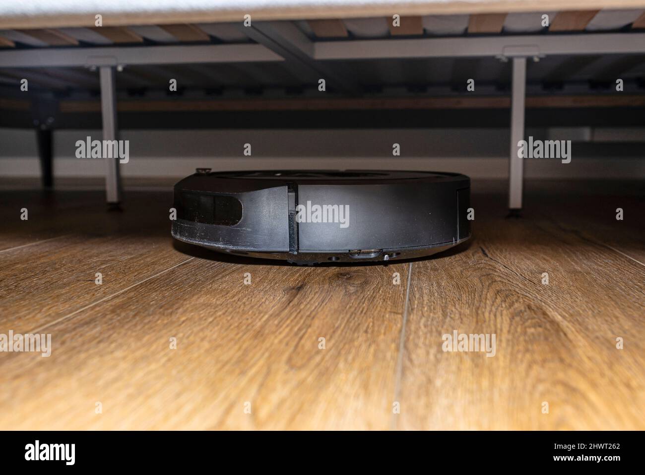 A modern robotic vacuum cleaner cleans the vinyl panels under the bed ...