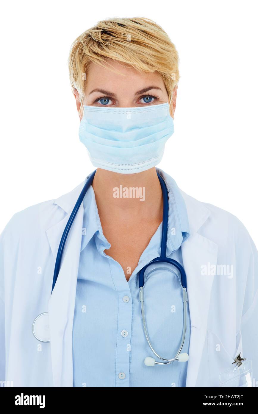 Protective gear to prevent infections. A young female doctor with her ...