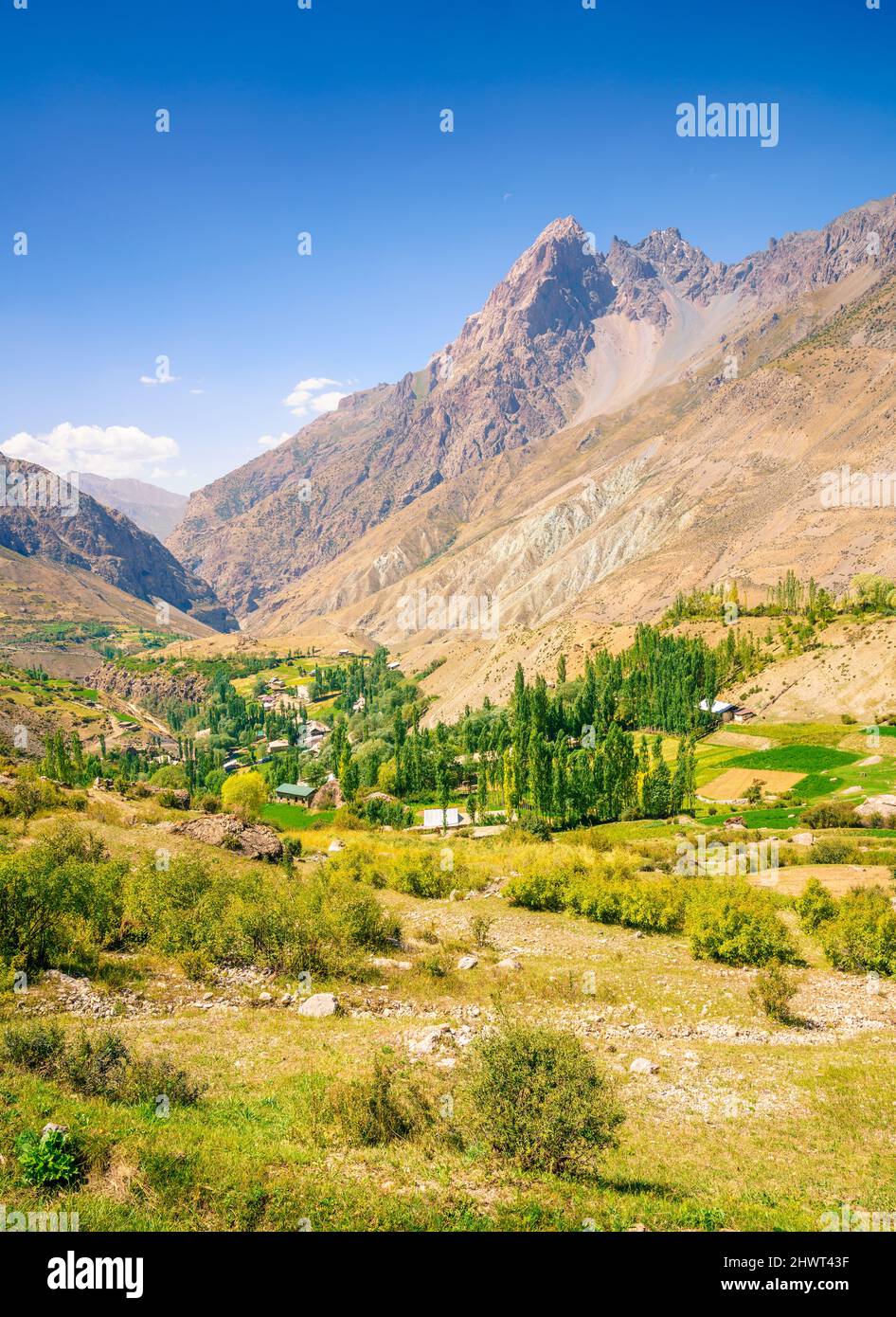 Scenic view of Yaghnob Valley and a mountain village in Tajikistan ...