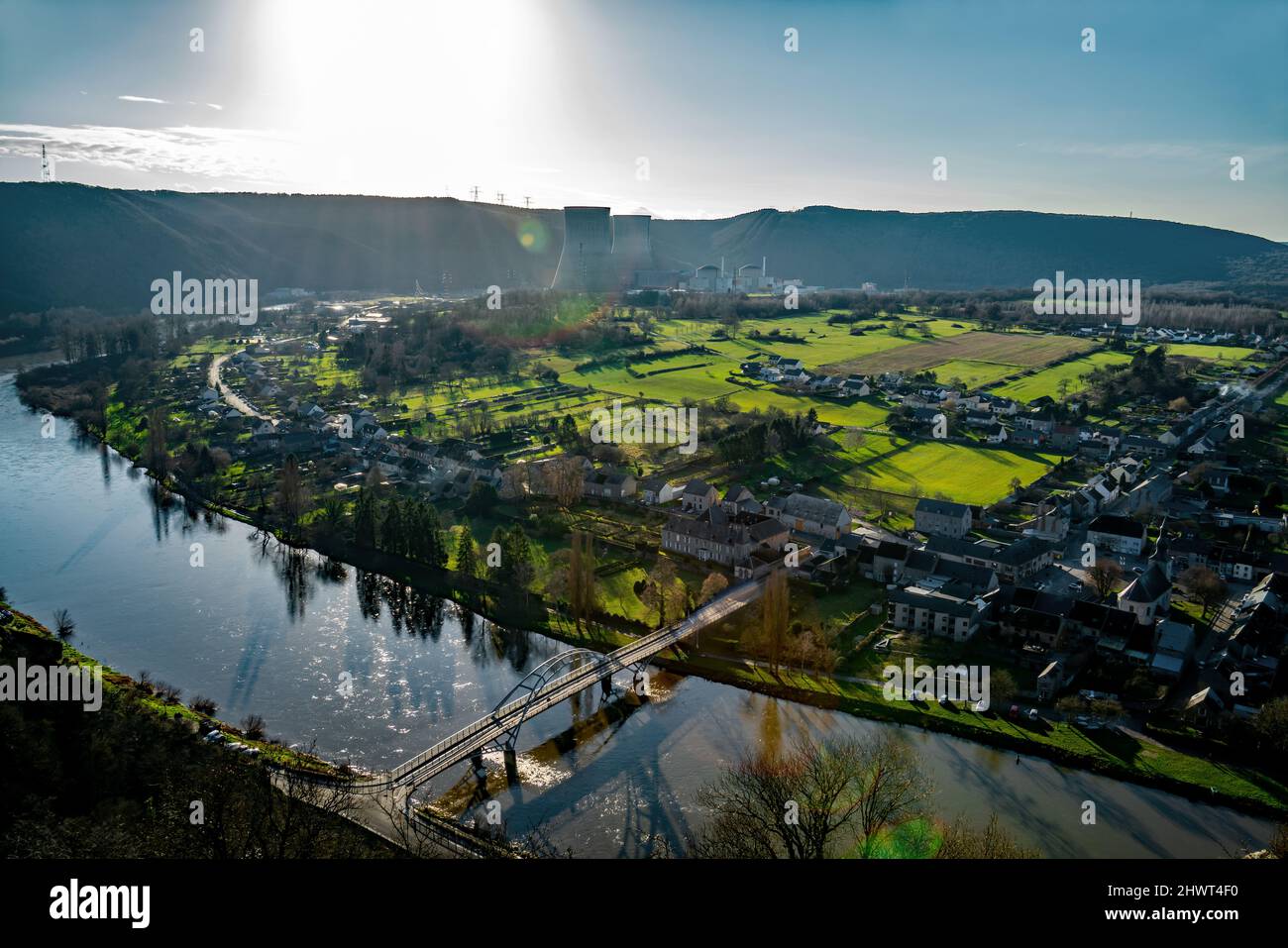 Panoramic view over village of Chooz and nuclear power plant Stock ...