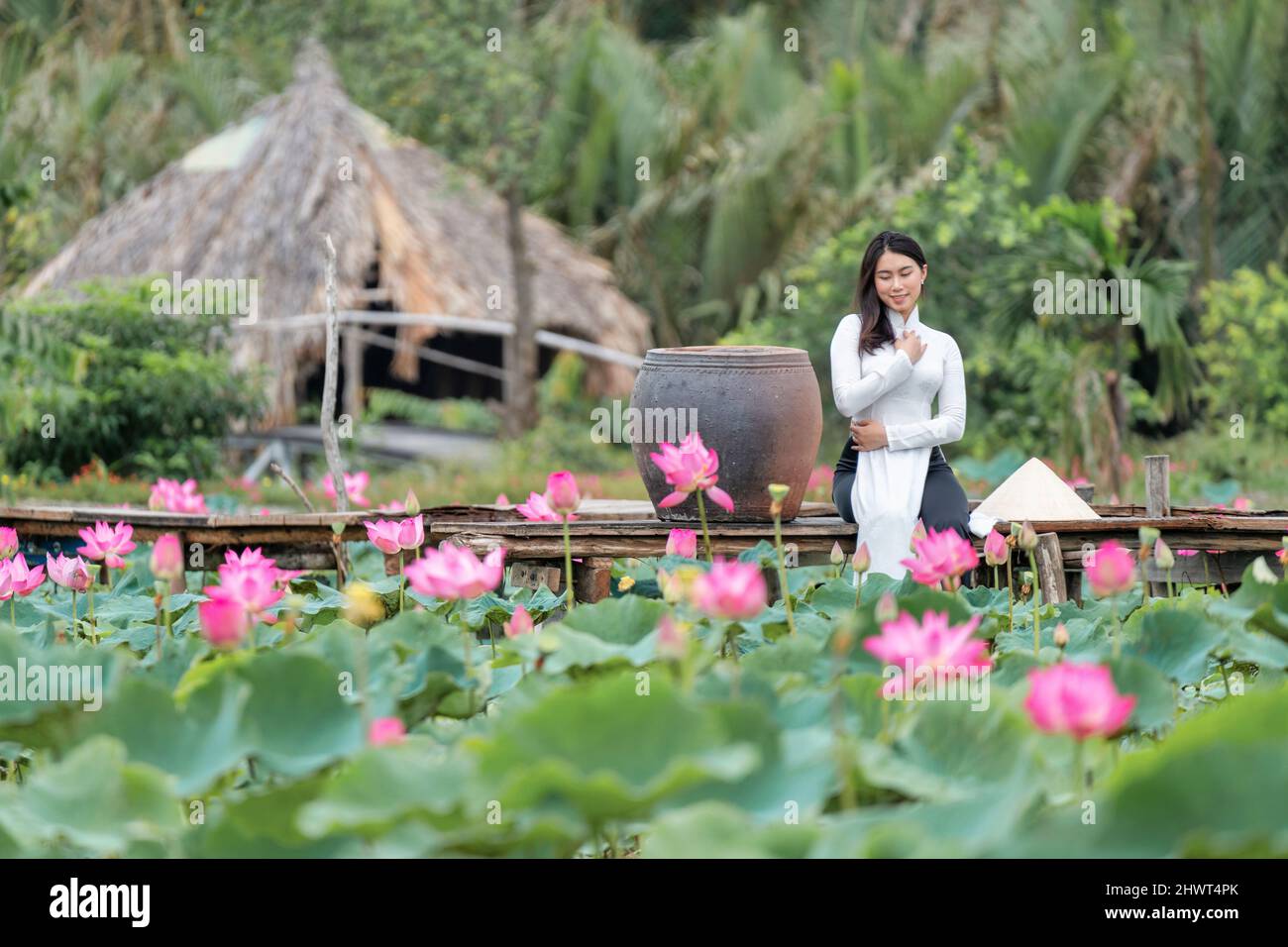 Portrait of beautiful vietnamese woman with traditional vietnam hat ...