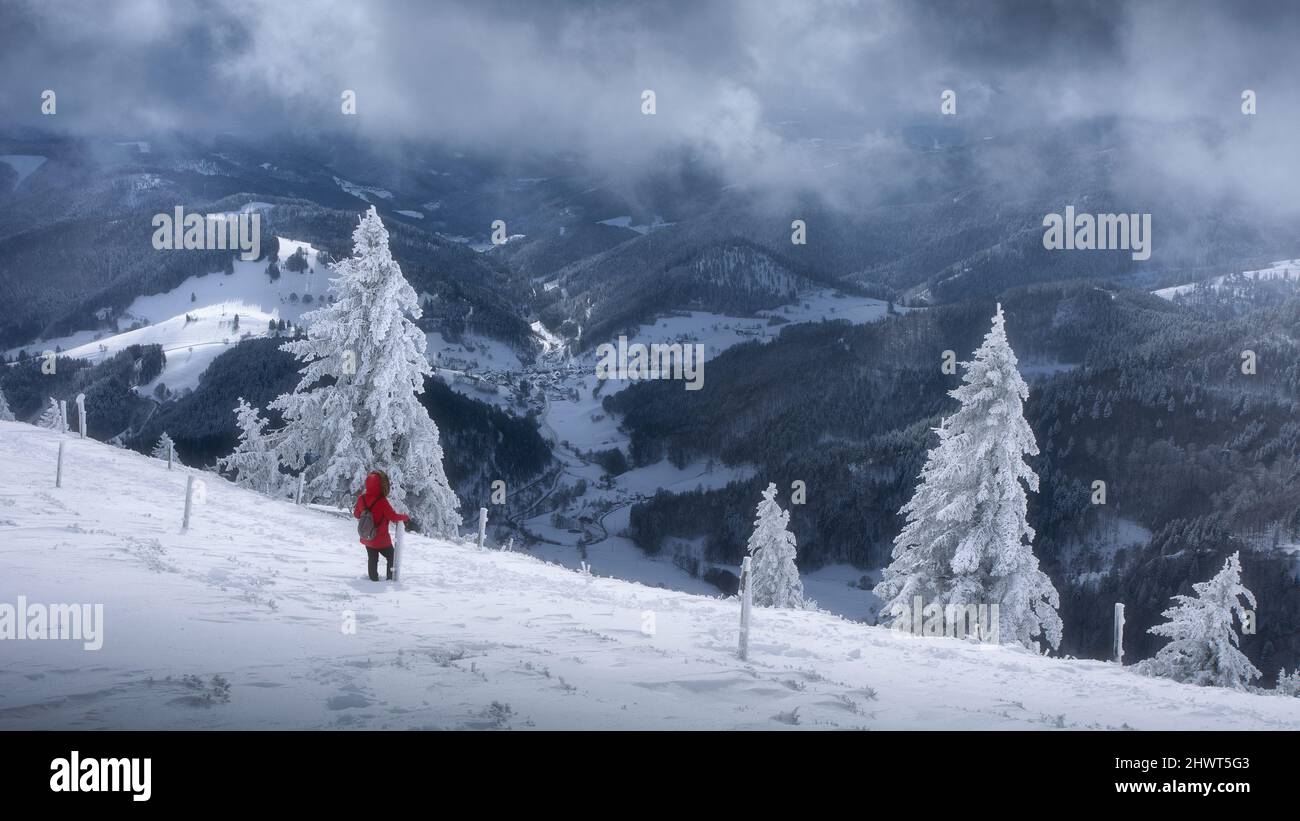 winter mountain panorama with a person Stock Photo - Alamy
