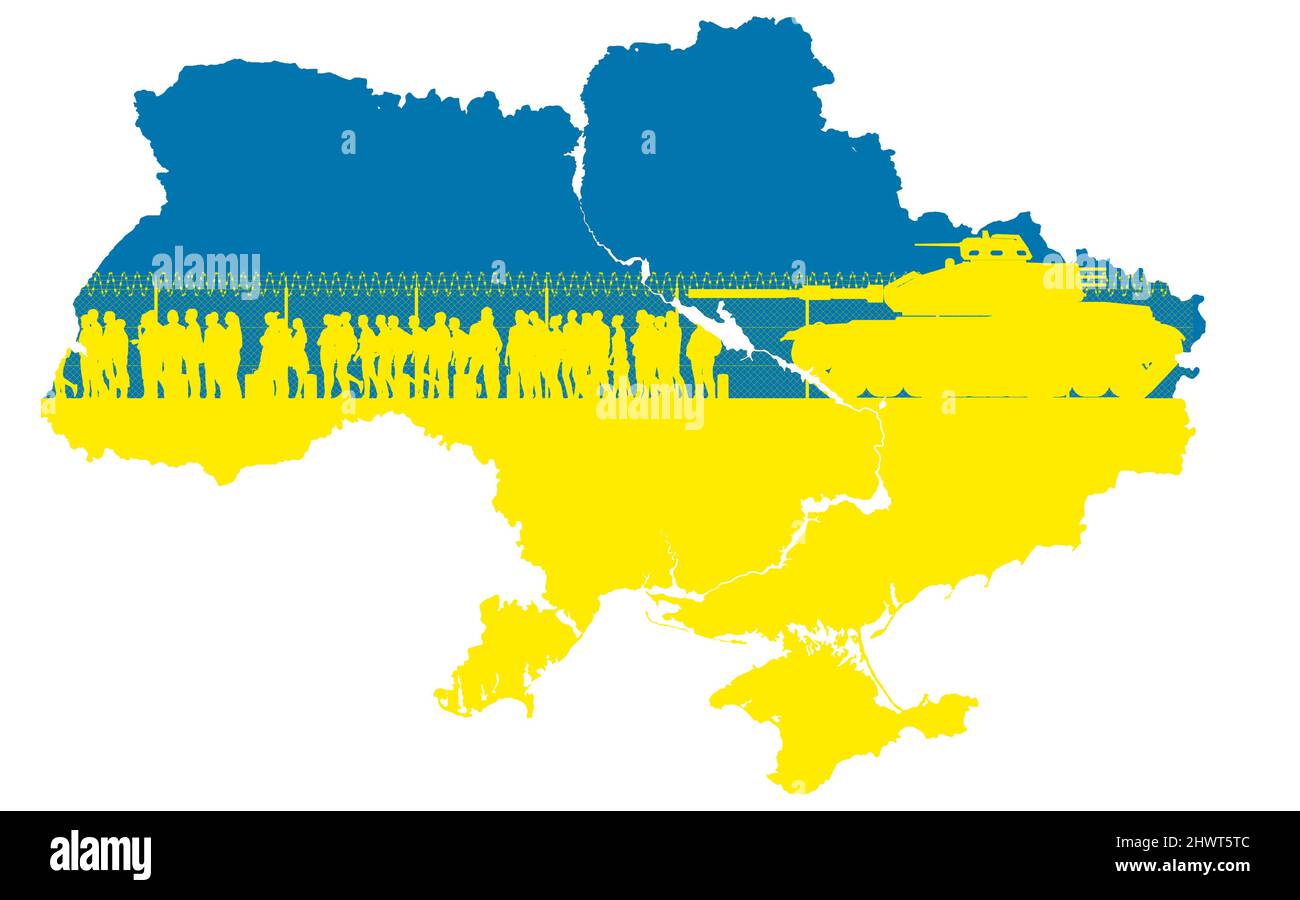 War crimes, Ukrainian flag and map. Silhouettes of refugees fleeing ...