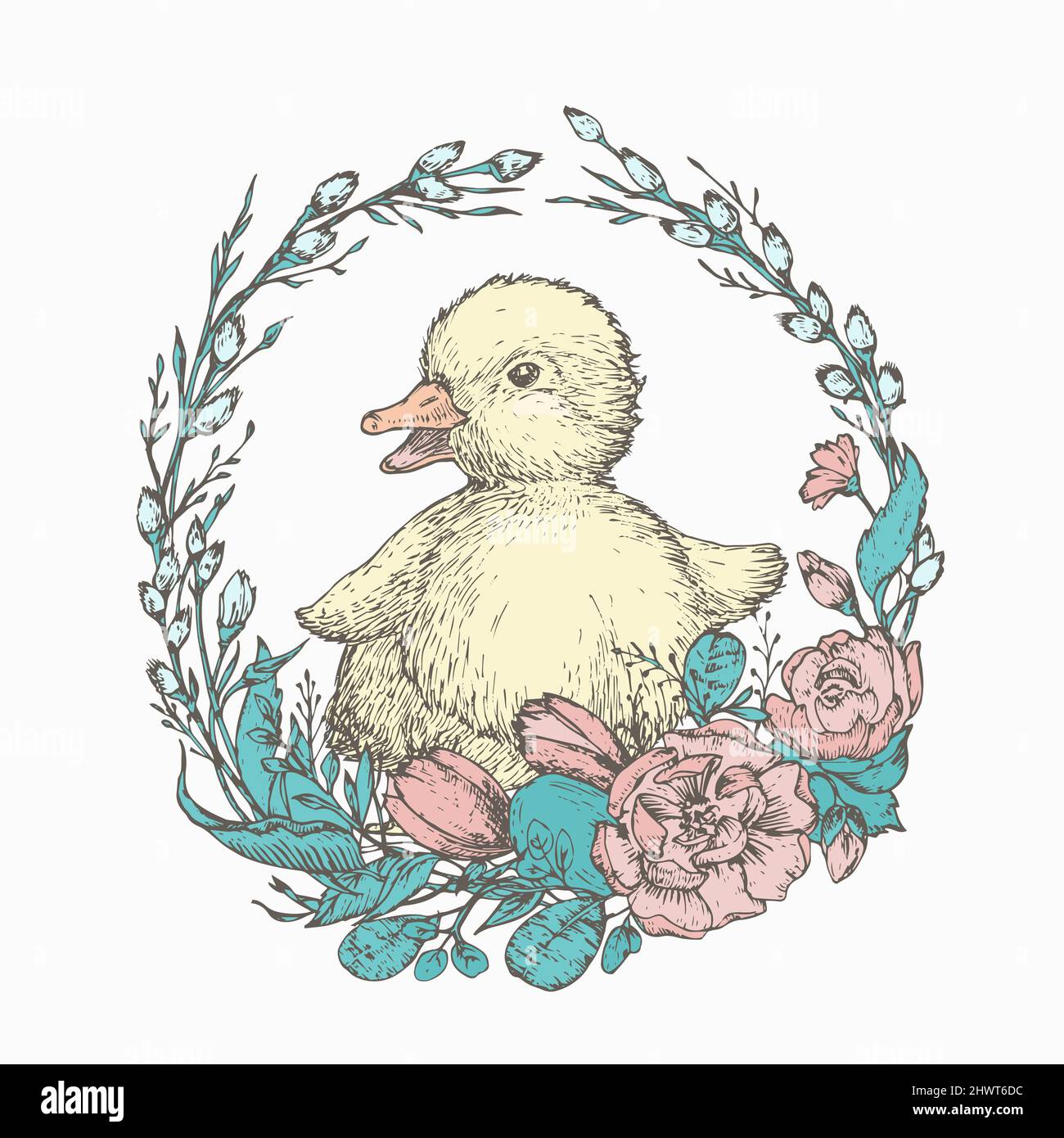 Hand Drawn Cute Easter Duckling in a Flowers Wreath Vector Illustration ...
