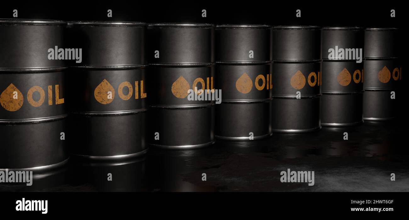 Black Metal Oil Barrels on Dark Background 3D Rendering Stock Photo - Alamy
