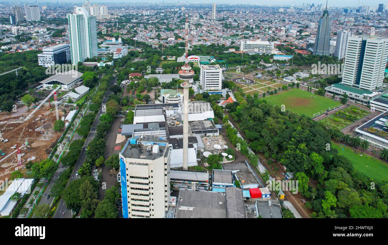 Aerial view of TVRI tower surrounded by buildings. TVRI is a state ...