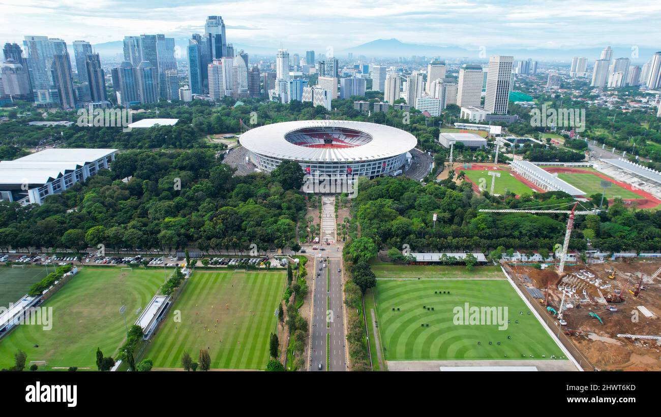 Aerial view of the Beautiful scenery of Senayan Stadium. with Jakarta ...