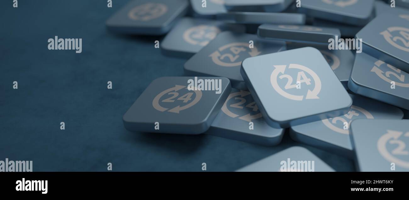 24 hours service icon in flat style in blue tiles banner background 3D ...