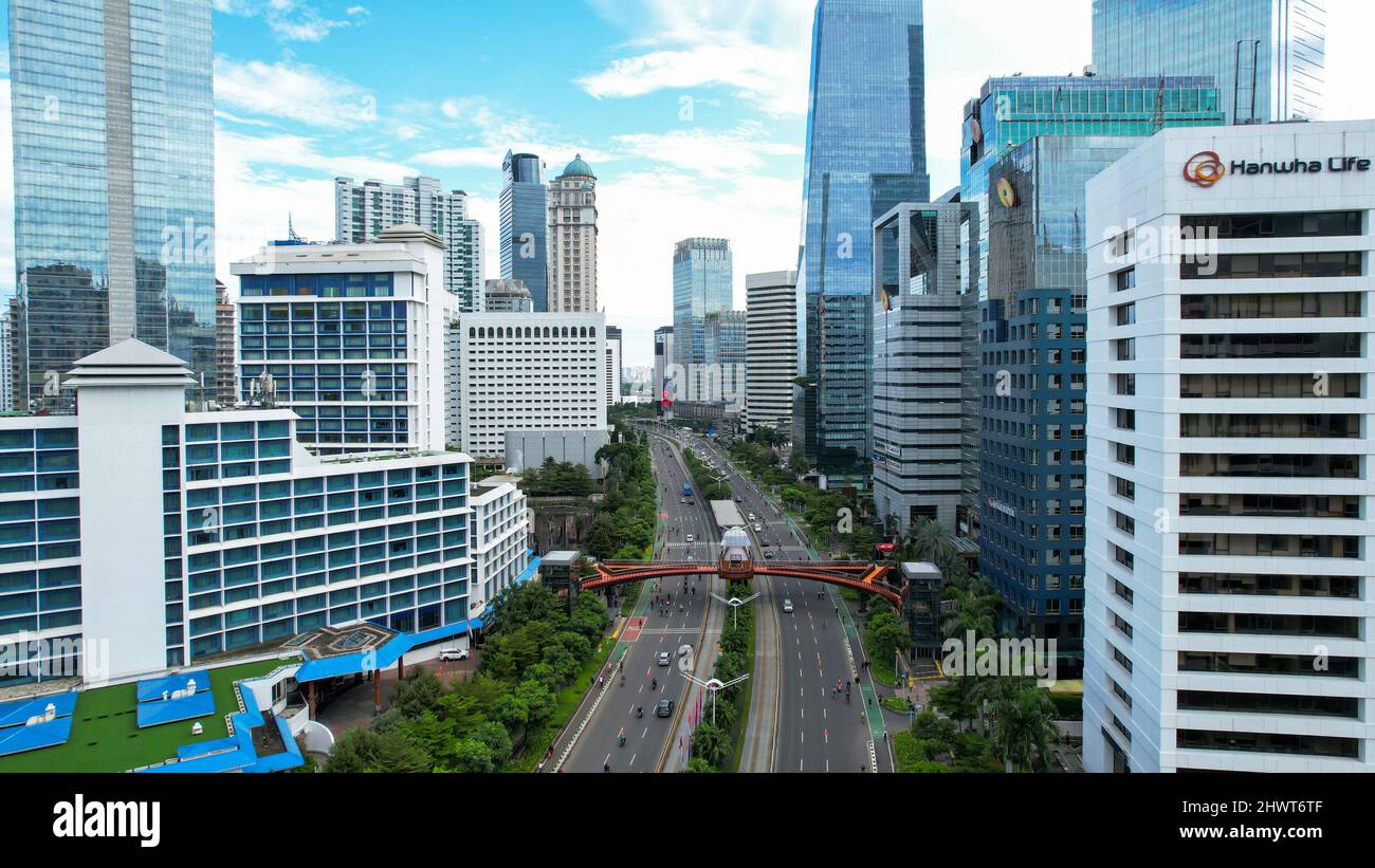 Aerial view of JPO Pinisi - Bridge crossing people Pinisi ship-shaped in Jakarta. Jakarta ...