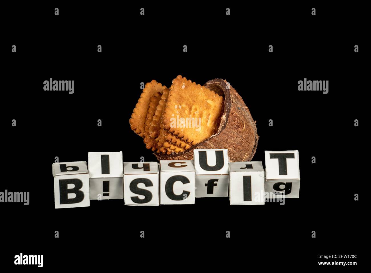Biscuit In Coconut Shell, Cube Block In Text Biscuit, Isolated In Black ...