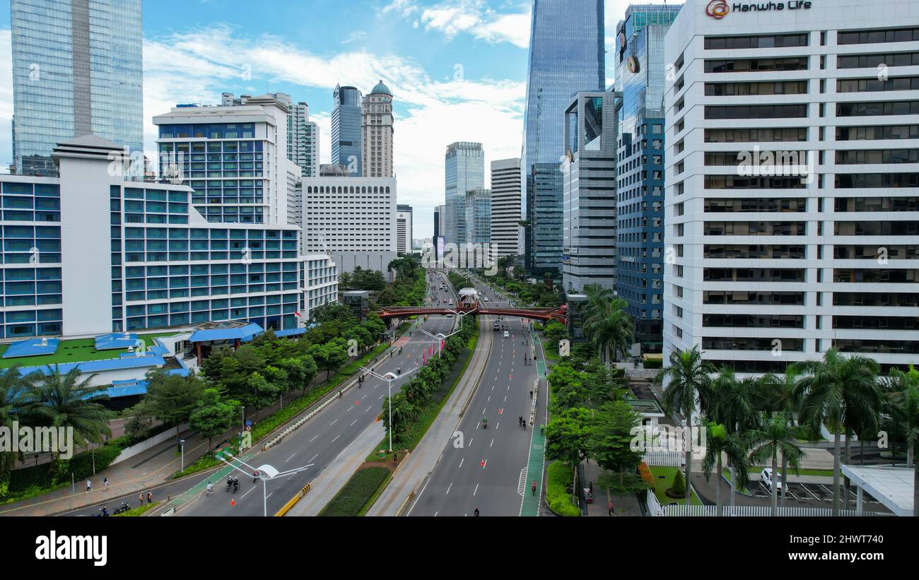 Aerial view of JPO Pinisi - Bridge crossing people Pinisi ship-shaped in Jakarta. Jakarta ...