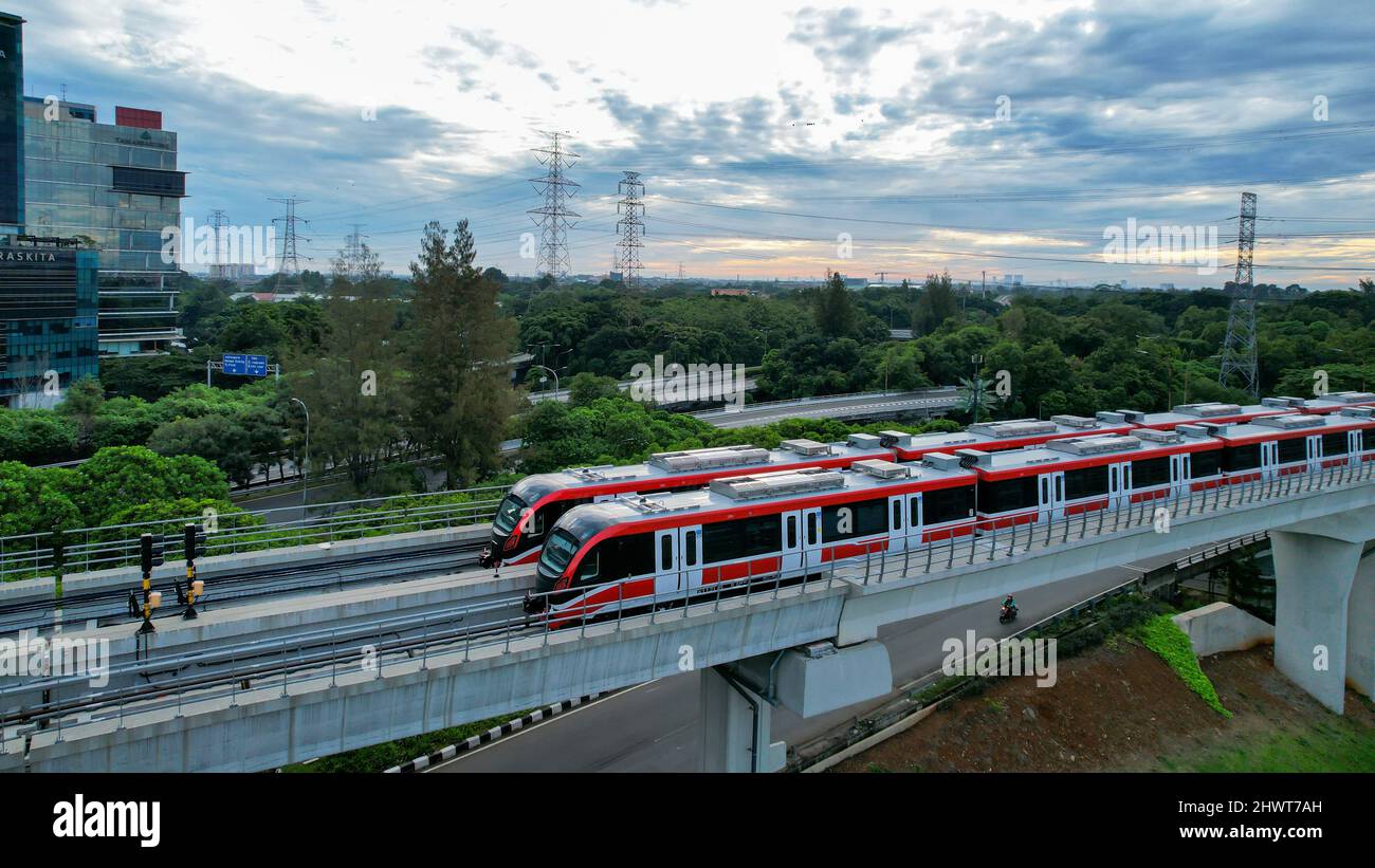 Aerial view of Jakarta LRT train trial run for phase 1 from UKI Cawang ...